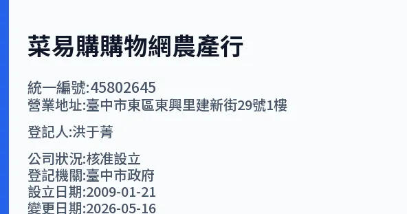 菜易購購物網農產行的照片-統編 45802645(臺中市) 公司登記資料與營業項目詳細圖表