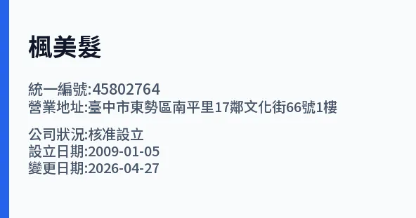 楓美髮的照片-統編 45802764(臺中市) 公司登記資料與營業項目詳細圖表