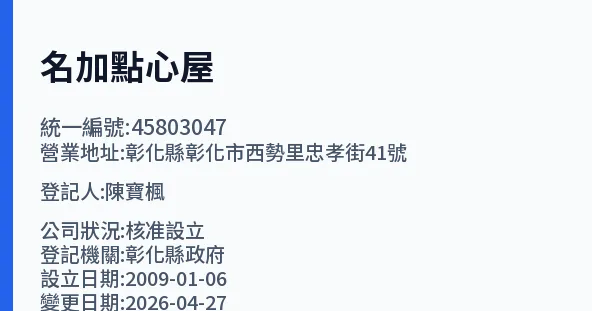 名加點心屋的照片-統編 45803047(彰化縣) 公司登記資料與營業項目詳細圖表