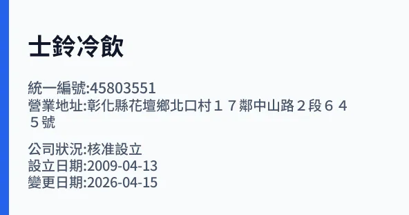 士鈴冷飲的照片-統編 45803551(彰化縣) 公司登記資料與營業項目詳細圖表
