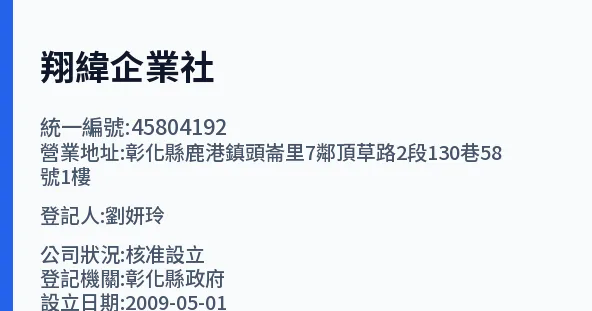 翔緯企業社的照片-統編 45804192(彰化縣) 公司登記資料與營業項目詳細圖表