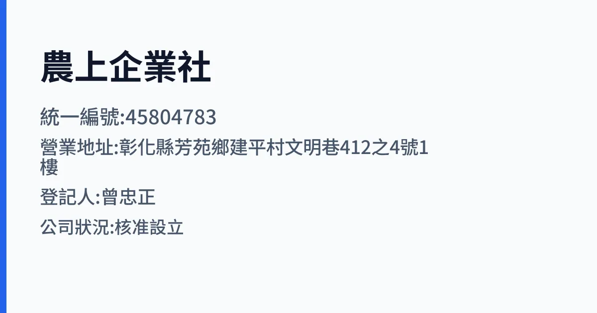 農上企業社 - 統編 45804783(彰化縣) 公司登記資料與營業項目詳細圖表