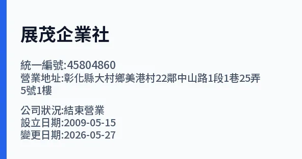 展茂企業社的照片-統編 45804860(彰化縣) 公司登記資料與營業項目詳細圖表