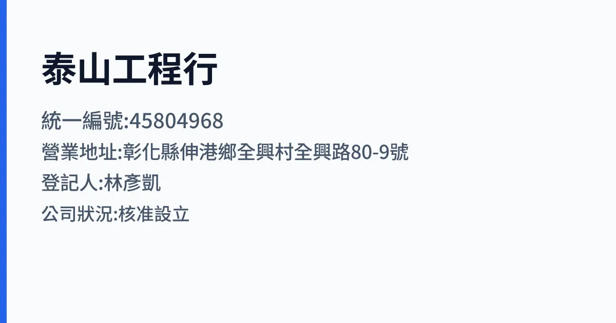 泰山工程行 - 統編 45804968(彰化縣) 公司登記資料與營業項目詳細圖表