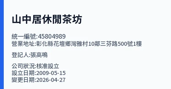 山中居休閒茶坊的照片-統編 45804989(彰化縣) 公司登記資料與營業項目詳細圖表