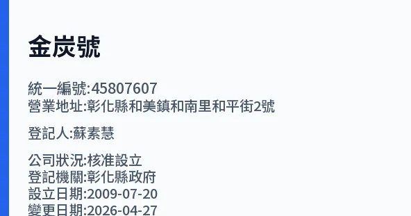 金炭號的照片-統編 45807607(彰化縣) 公司登記資料與營業項目詳細圖表