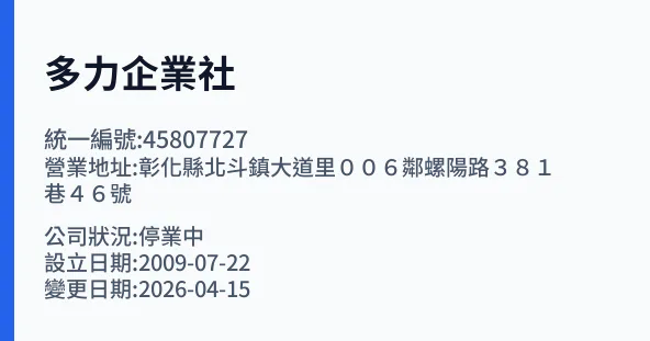 多力企業社的照片-統編 45807727(彰化縣) 公司登記資料與營業項目詳細圖表