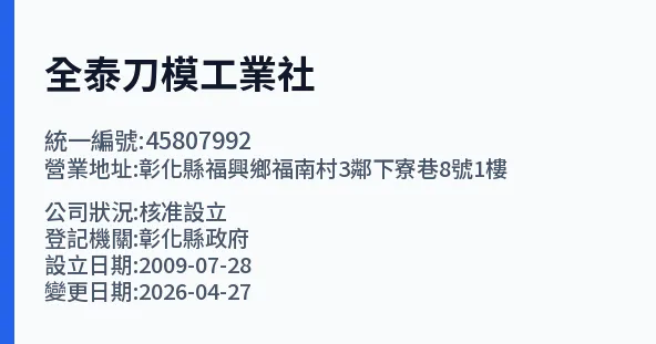 全泰刀模工業社的照片-統編 45807992(彰化縣) 公司登記資料與營業項目詳細圖表