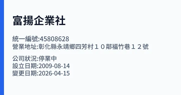 富揚企業社的照片-統編 45808628(彰化縣) 公司登記資料與營業項目詳細圖表