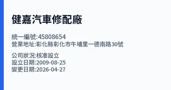 健嘉汽車修配廠的照片-統編 45808654(彰化縣) 公司登記資料與營業項目詳細圖表