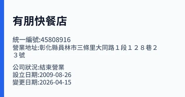 有朋快餐店的照片-統編 45808916(彰化縣) 公司登記資料與營業項目詳細圖表
