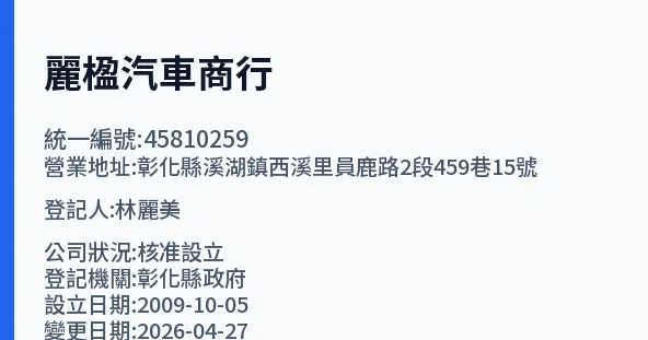 麗楹汽車商行的照片-統編 45810259(彰化縣) 公司登記資料與營業項目詳細圖表