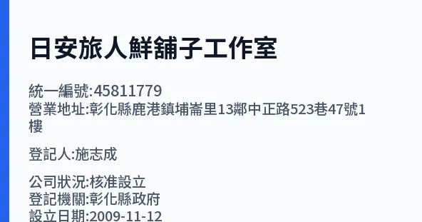 日安旅人鮮舖子工作室的照片-統編 45811779(彰化縣) 公司登記資料與營業項目詳細圖表