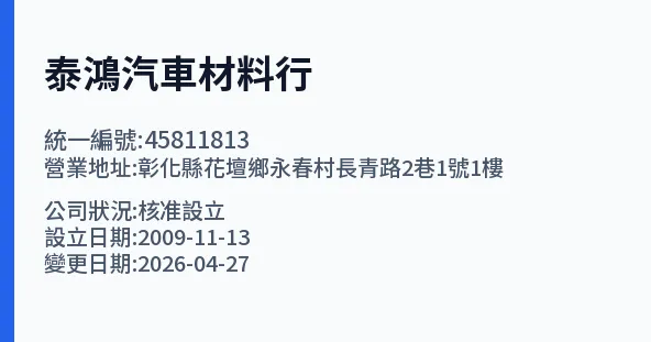 泰鴻汽車材料行的照片-統編 45811813(彰化縣) 公司登記資料與營業項目詳細圖表