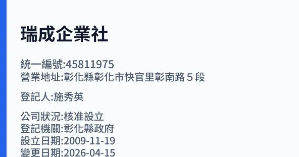 瑞成企業社的照片-統編 45811975(彰化縣) 公司登記資料與營業項目詳細圖表