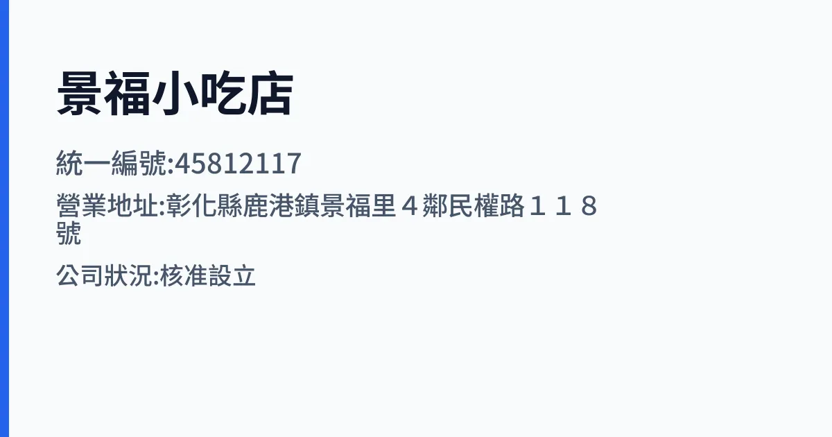 景福小吃店 - 統編 45812117(彰化縣) 公司登記資料與營業項目詳細圖表