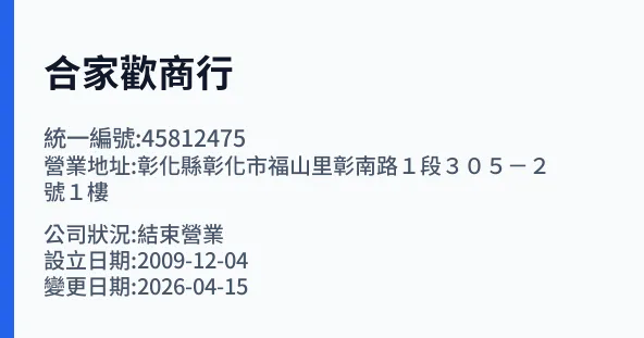 合家歡商行的照片-統編 45812475(彰化縣) 公司登記資料與營業項目詳細圖表