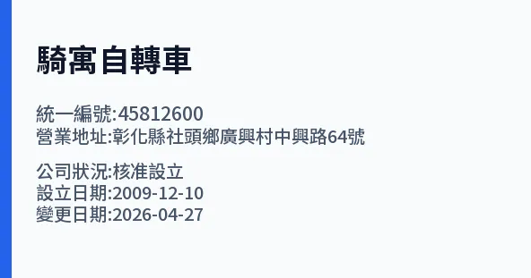 騎寓自轉車的照片-統編 45812600(彰化縣) 公司登記資料與營業項目詳細圖表