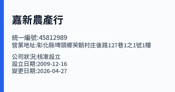 嘉新農產行的照片-統編 45812989(彰化縣) 公司登記資料與營業項目詳細圖表