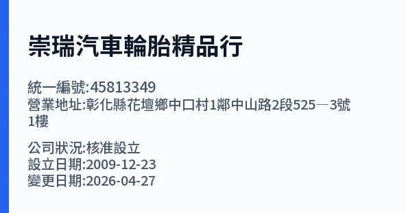 崇瑞汽車輪胎精品行的照片-統編 45813349(彰化縣) 公司登記資料與營業項目詳細圖表