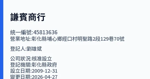 謙賓商行的照片-統編 45813636(彰化縣) 公司登記資料與營業項目詳細圖表