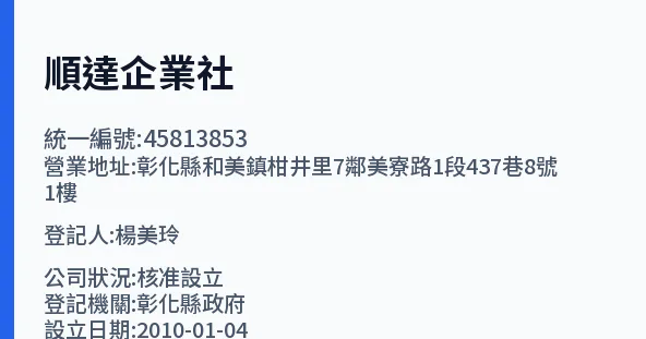 順達企業社的照片-統編 45813853(彰化縣) 公司登記資料與營業項目詳細圖表