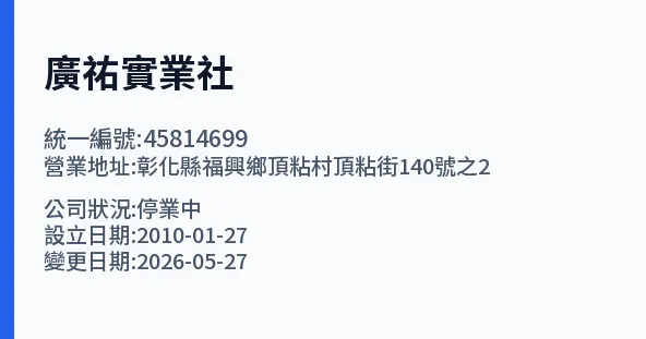 廣祐實業社的照片-統編 45814699(彰化縣) 公司登記資料與營業項目詳細圖表