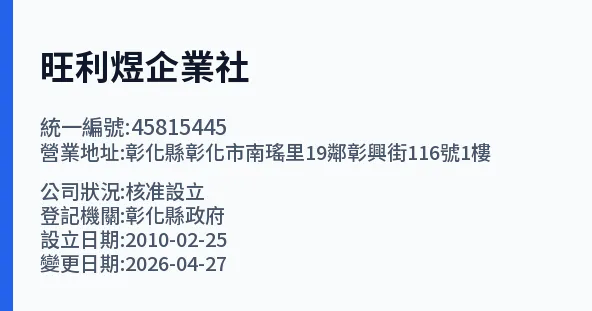 旺利煜企業社的照片-統編 45815445(彰化縣) 公司登記資料與營業項目詳細圖表