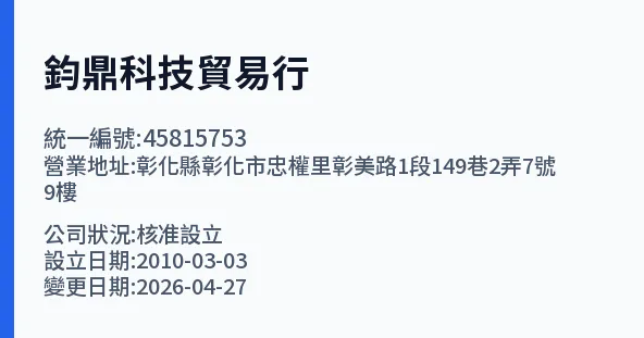 鈞鼎科技貿易行的照片-統編 45815753(彰化縣) 公司登記資料與營業項目詳細圖表