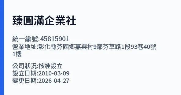 臻圓滿企業社的照片-統編 45815901(彰化縣) 公司登記資料與營業項目詳細圖表