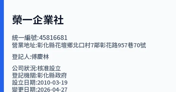榮一企業社的照片-統編 45816681(彰化縣) 公司登記資料與營業項目詳細圖表