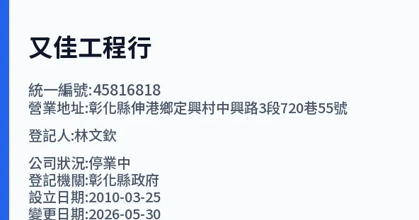 又佳工程行的照片-統編 45816818(彰化縣) 公司登記資料與營業項目詳細圖表