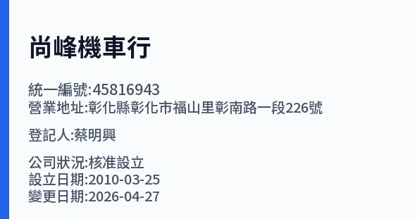 尚峰機車行的照片-統編 45816943(彰化縣) 公司登記資料與營業項目詳細圖表