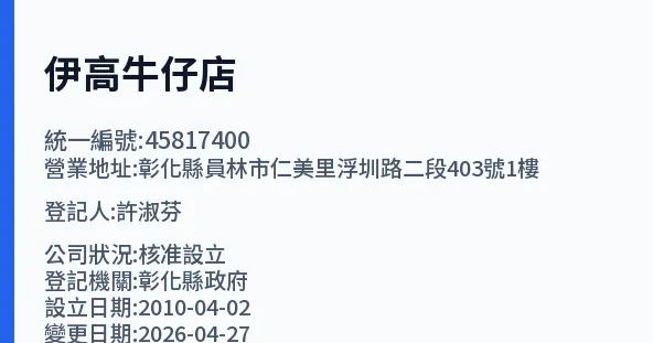 伊高牛仔店的照片-統編 45817400(彰化縣) 公司登記資料與營業項目詳細圖表