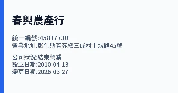 春興農產行的照片-統編 45817730(彰化縣) 公司登記資料與營業項目詳細圖表