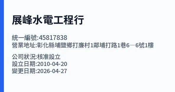展峰水電工程行的照片-統編 45817838(彰化縣) 公司登記資料與營業項目詳細圖表