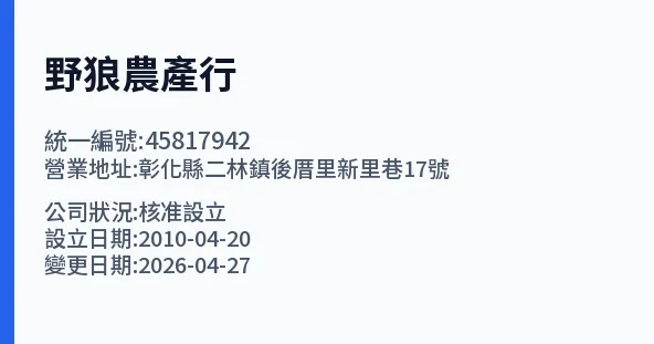 野狼農產行的照片-統編 45817942(彰化縣) 公司登記資料與營業項目詳細圖表