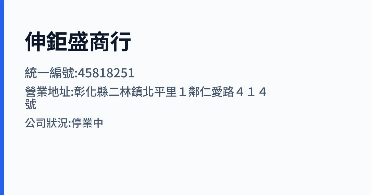 伸鉅盛商行 - 統編 45818251(彰化縣) 公司登記資料與營業項目詳細圖表