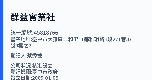 群益實業社的照片-統編 45818766(臺中市) 公司登記資料與營業項目詳細圖表