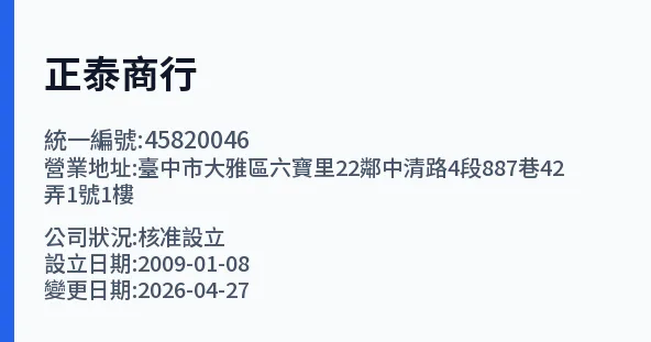 正泰商行的照片-統編 45820046(臺中市) 公司登記資料與營業項目詳細圖表