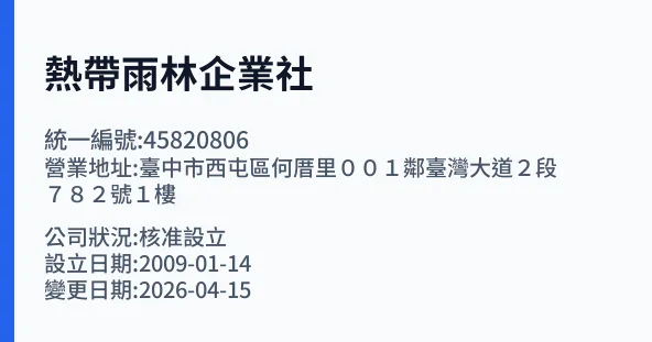熱帶雨林企業社的照片-統編 45820806(臺中市) 公司登記資料與營業項目詳細圖表