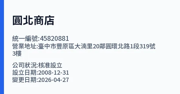 圓北商店的照片-統編 45820881(臺中市) 公司登記資料與營業項目詳細圖表