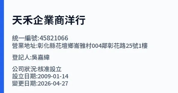 天禾企業商洋行的照片-統編 45821066(彰化縣) 公司登記資料與營業項目詳細圖表