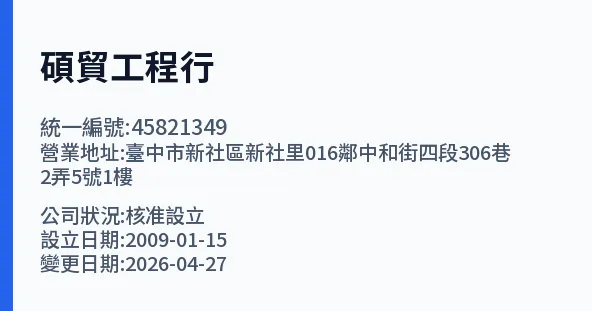 碩貿工程行的照片-統編 45821349(臺中市) 公司登記資料與營業項目詳細圖表