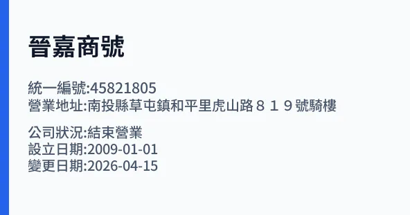 晉嘉商號的照片-統編 45821805(南投縣) 公司登記資料與營業項目詳細圖表