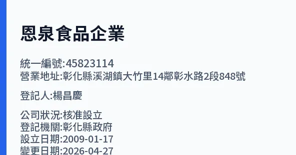恩泉食品企業的照片-統編 45823114(彰化縣) 公司登記資料與營業項目詳細圖表