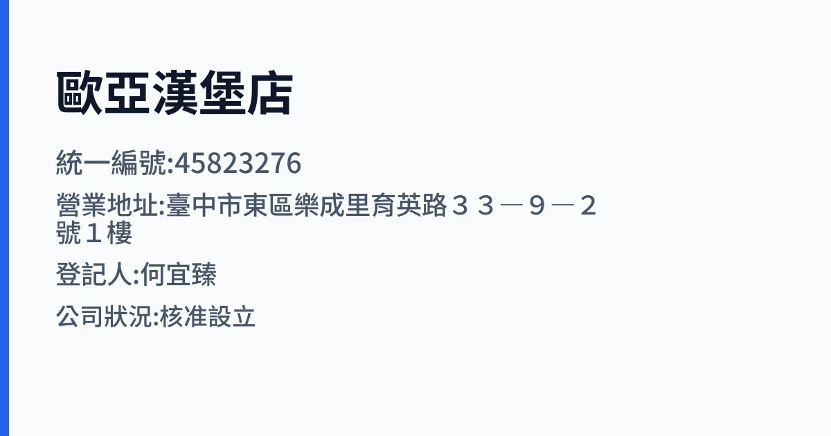 歐亞漢堡店 - 統編 45823276(臺中市) 公司登記資料與營業項目詳細圖表