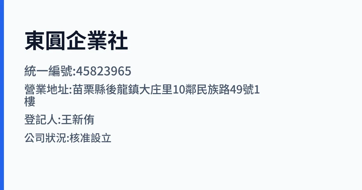 東圓企業社 - 統編 45823965(苗栗縣) 公司登記資料與營業項目詳細圖表