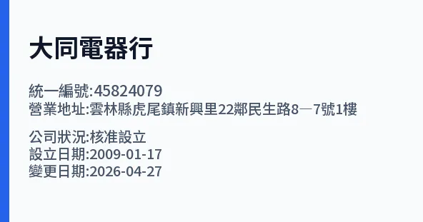 大同電器行的照片-統編 45824079(雲林縣) 公司登記資料與營業項目詳細圖表