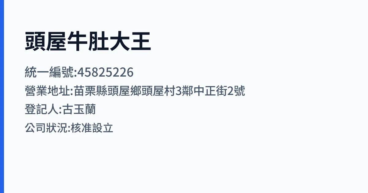 頭屋牛肚大王 - 統編 45825226(苗栗縣) 公司登記資料與營業項目詳細圖表